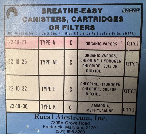 Racal 22-10-27 Replacement Filter Cartridge Type A Organic Vapors