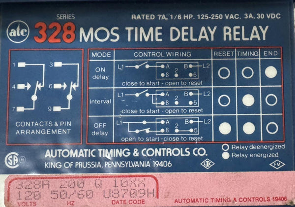 Automatic Timing & Controls Series 328 Time Delay Relay 125/250 VAC 3A