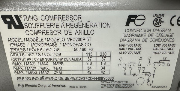 Fuji VFC200P-5T Ring Compressor 1/3 HP 115/230V 2 Pole 50/60 Hz Single