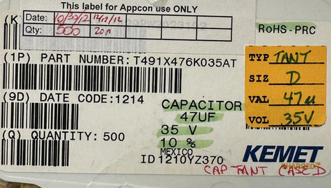 Reel of 200 Kemet T491X476K035AT Tantalum Capacitor 47µF 35V ±10% 2917