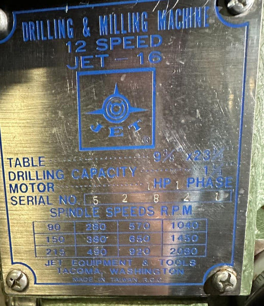 Jet Jet-16 Bench Top Drill & Milling Machine 2080 RPM 1 HP 115/230V Si