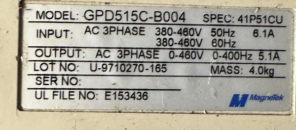 Magnetek GPD515C-B004 AC Drive 3 HP 380-460 VAC 3‑Phase 50/60 Hz