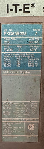 ITE Siemens FXD63B225 Sentron Molded Case Circuit Breaker Series A 225