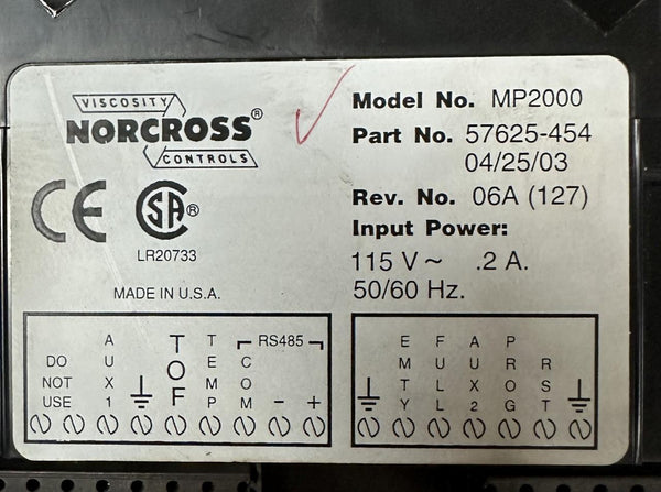 Norcross MP2000 Viscosity Controller 115 VAC 50/60 HZ 0.2 AMP 57625-45