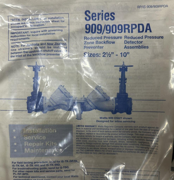 Watts RP/IS-909/909RPDA Repair Kit For Size 2-1/2"-10" Backflow Preven