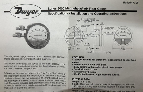 Dwyer A-28 Series 2000 Magnehelic Air Filter Gage Accessory Package