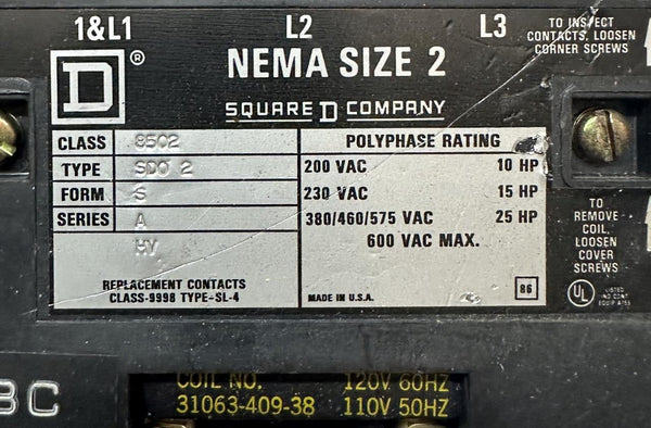 Square D 8502SD02 Contactor Series A 110/120V 50/60 Hz Coil NEMA Size