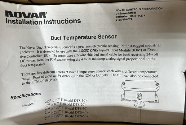 Novar DTS-20 Duct Temperature Sensor 30-80 °F 4-20 mA Output