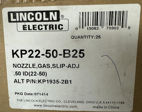 Box of (21) Lincoln Electric KP22-50-B25 Gas Nozzle Slip-On Adjustable