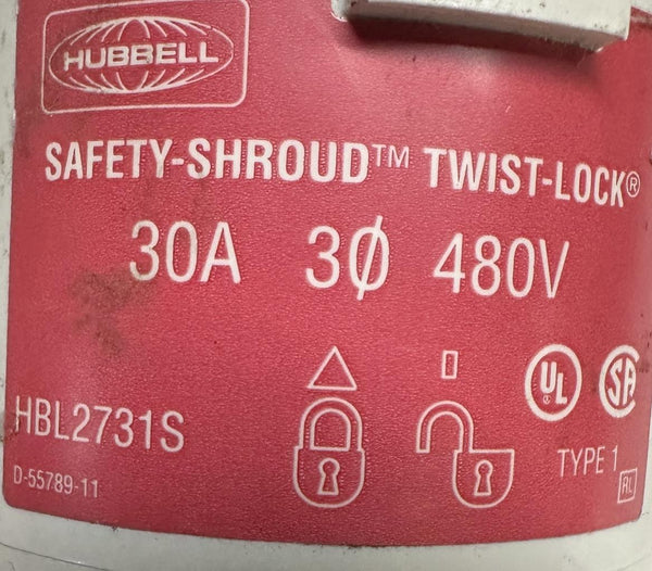 Hubbell HBL2731S Safety-Shroud Twist-Lock Plug 30A 3-Pole 480V Black W