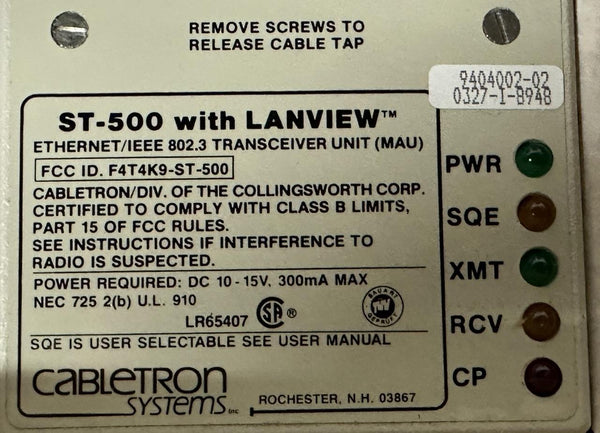 Cabletron ST-500-01 Ethernet Transceiver Unit With LANView & 228752 Ta