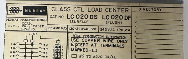 Murray LC020DS Class CTL Load Center 125A LC020DF w/ (11) Breakers