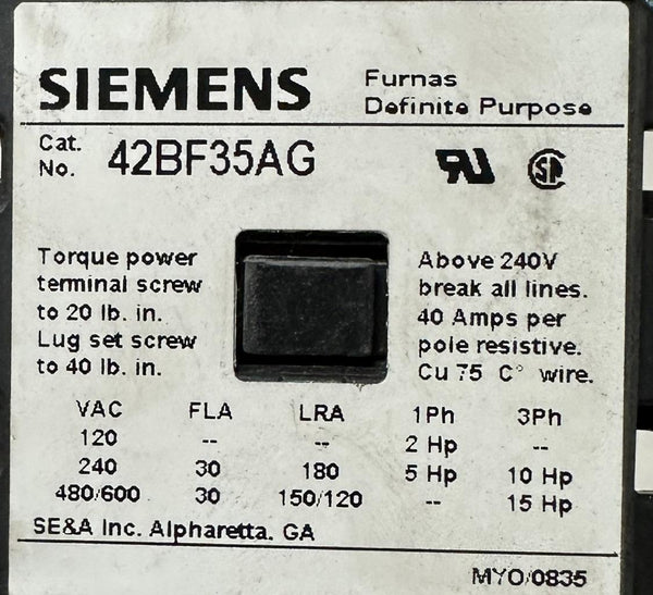 Siemens 42BF35AG Definite Purpose Contactor 3-Pole 30A 208-240V AC Coi