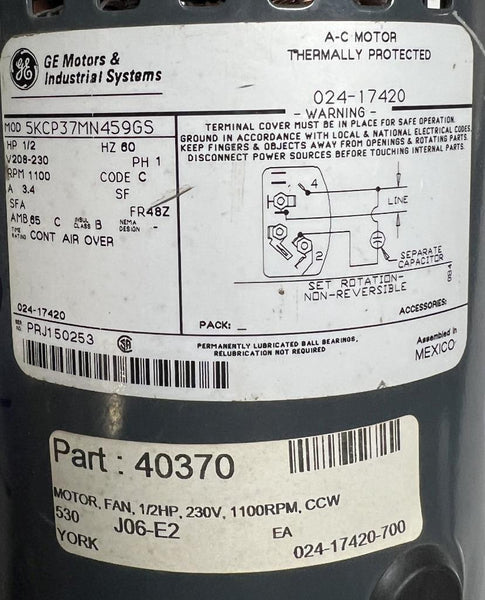 General Electric 5KCP37MN459GS AC Motor 1/2 HP 208-230 V 60Hz 1‑Phase