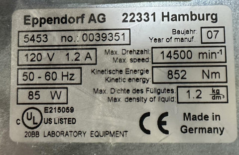 Eppendorf AG 5453 Mini Spin Plus Microcentrifuge Speed X1000 14500 RPM