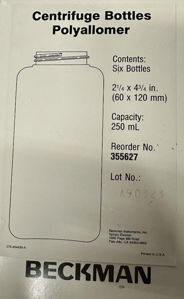 Pack of (6) Beckman 355627 Centrifuge Bottles Polyallomer 250 mL 60 x