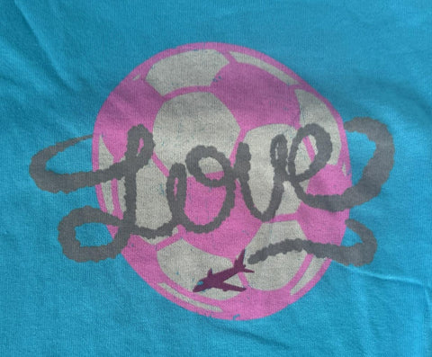 Anvil Youth Love Soccer Graphic Teal Short Sleeve Shirt Size Small