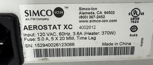 Simco Aerostat XC Ionizing Air Blower 120V 60Hz 3.6A 370W 4002612