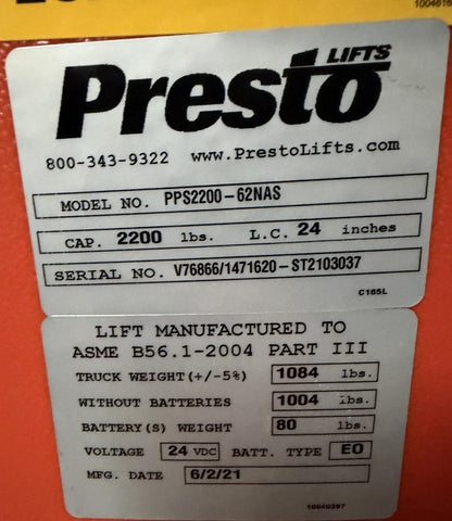 Presto Lifts PPS2200-62NAS PowerStak Walk Behind Pallet Stacker Lift 2