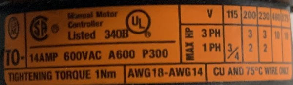 Moeller 340B Manual Motor Switch 14 AMP 600 VAC A600 P300