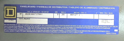 Square D NF Breaker Panelboard 200A 480Y/277V 3 Phase 4 Wire NF 21425