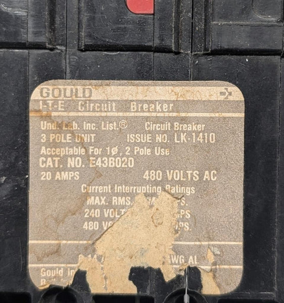 Gould E43B020 ITE Circuit Breaker 20A 480VAC 3-Pole | Surplus Select