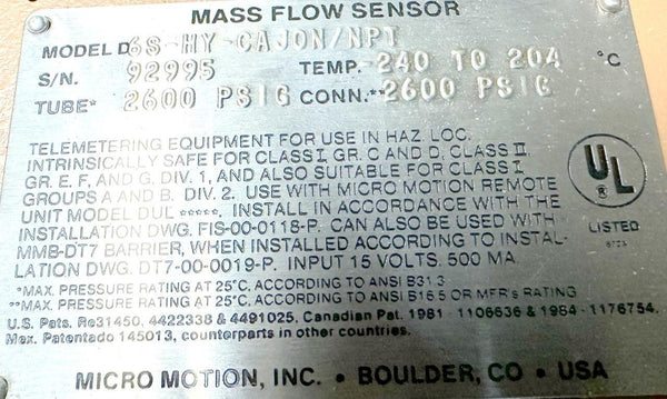 Micro Motion D6 Mass Flow Meter 6S-HY-CAJON/NPT Tube 2600Psig Conn. 26