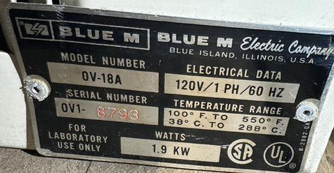 Blue M OV-18A Bench Top Lab Oven 1900W 550°F 120V Single Phase