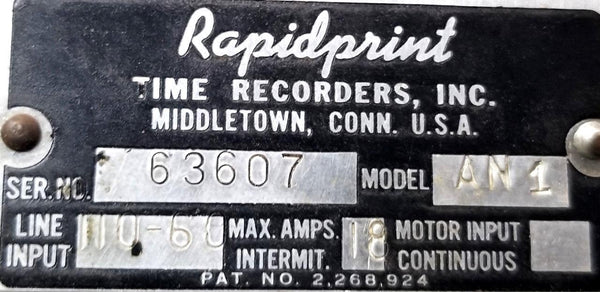 Rapidprint AN1 Time Recorder Line Input 110-60 18A Max Intermittent
