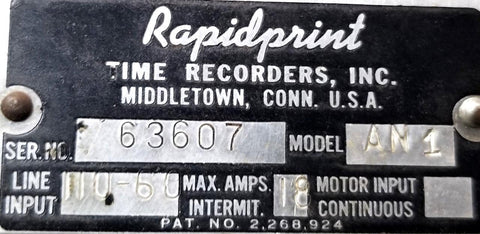 Rapidprint AN1 Time Recorder Line Input 110-60 18A Max Intermittent