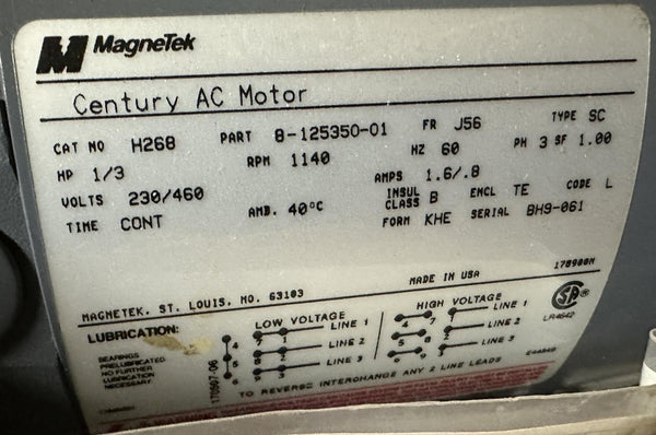 MagneTek H268 Century Electric AC Motor 1/3 HP 1140 RPM 230/460V 60 Hz