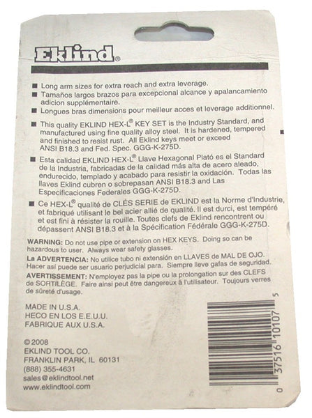 Eklind 10107 Standard SAE 7 piece Short Arm Hex L Key Allen Wrench Set
