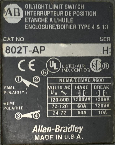 Allen-Bradley 802T-AP Oil Tight Limit Switch Series H NEMA Type 4/13 6