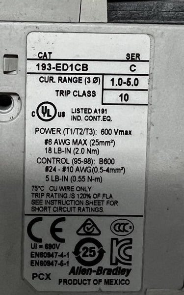 Allen-Bradley 193-ED1CB Overload Relay Series C 3-Phase w/ 193-EPB Pan