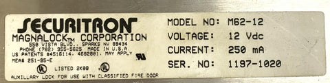 Securitron M62-12 Magnetic Lock Maglock 12 VDC 250 mA