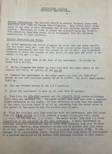 Millivac Instrument Corp. Millivac MV-17B,17A,17C Meter Operating Manu