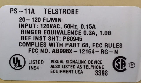 Wheelock Telstrobe PS-11A Telephone Ringer Visual Signaling Device Str