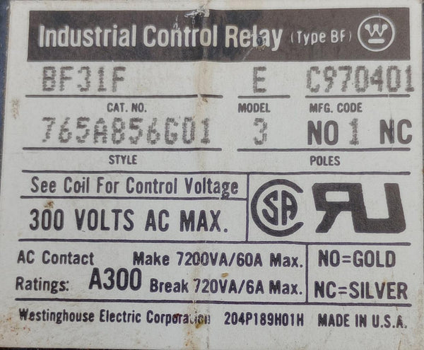 Westinghouse BF31F Industrial Control Relay Type BF 300VAC 3 Pole 1 NC