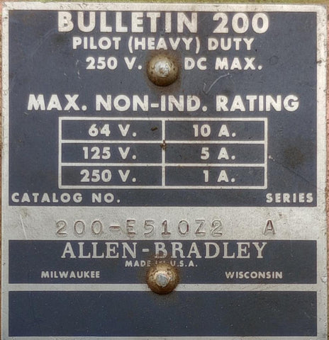 Allen-Bradley 200-E510Z2 Series A Heavy Duty Type E DC Relay 250VDC Ma