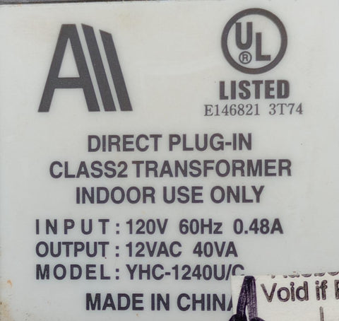 YHC-1240U/C Direct Plug-In Class 2 AC Adaptor / Transformer 120V 60HZ ...