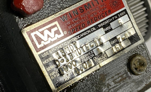 Winsmith 13MDT Right Angle Speed Reducer 5:1 Ratio 1800 RPM 1.01 RPM 1