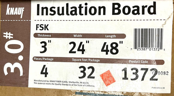 Knauf 3.0# FSK Insulation Board 3" X 24" X 48" 4 Pack 32 Square Feet