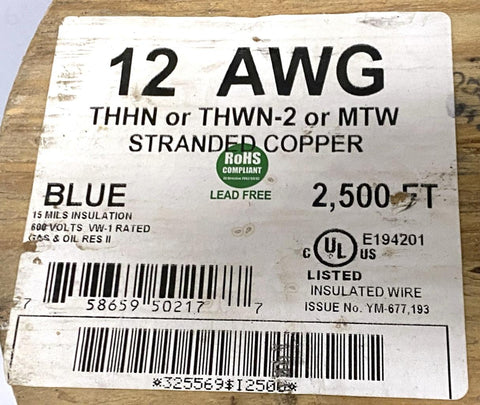 THHN THWN-2 MTW Stranded Copper Wire 12 AWG Blue 600V 15 Mils VW-1 250