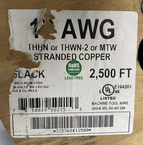 THHN THWN-2 MTW Stranded Copper Wire 12 AWG Black 600V 15 Mils VW-1 25