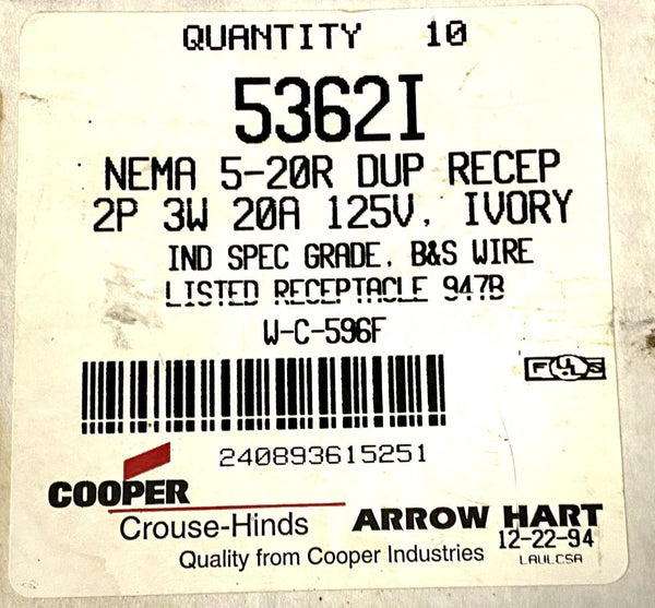 Arrow Hart 5362I Duplex Outlet Receptacle 2 Pole 3 Wire 20A 125V Ivory