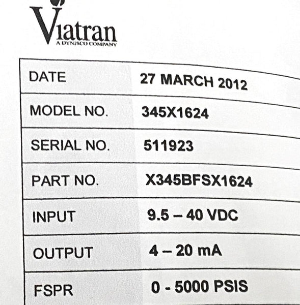 Viatran 345X1624 Pressure Transmitter 9.5-40 VDC 4-20 MA 0-5000 PSI Mo