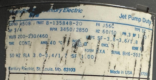 Magnetek H508 AC Motor 3/4 HP 3450 RPM 50/60 Hz 230/460V 3 Phase 8 ...