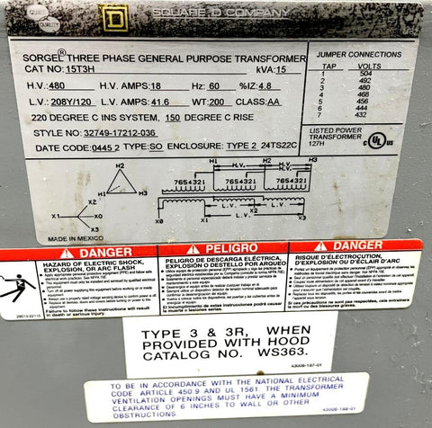 Square D 15T3H 15 KVA Transformer Dry Type 480V to 208/120V 3 Phase