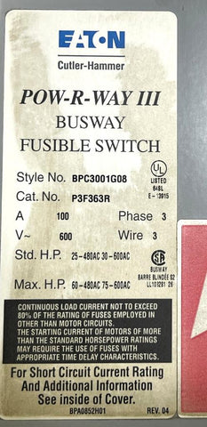 Eaton Cutler-Hammer P3F363R Fusible Bus Plug 100A 600V 3 Phase BPC3001