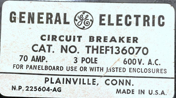 General Electric THEF136070 3-Pole Circuit Breaker 70A 600VAC 3 Phase ...
